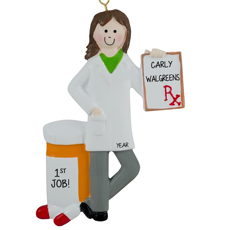 Personalized FEMALE Pharmacist Wearing Lab Coat Ornament BRUNETTE ...