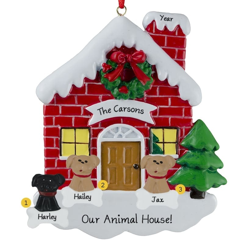 Personalized Red BRICK House With 3 Dogs Family Ornament | Personalized ...