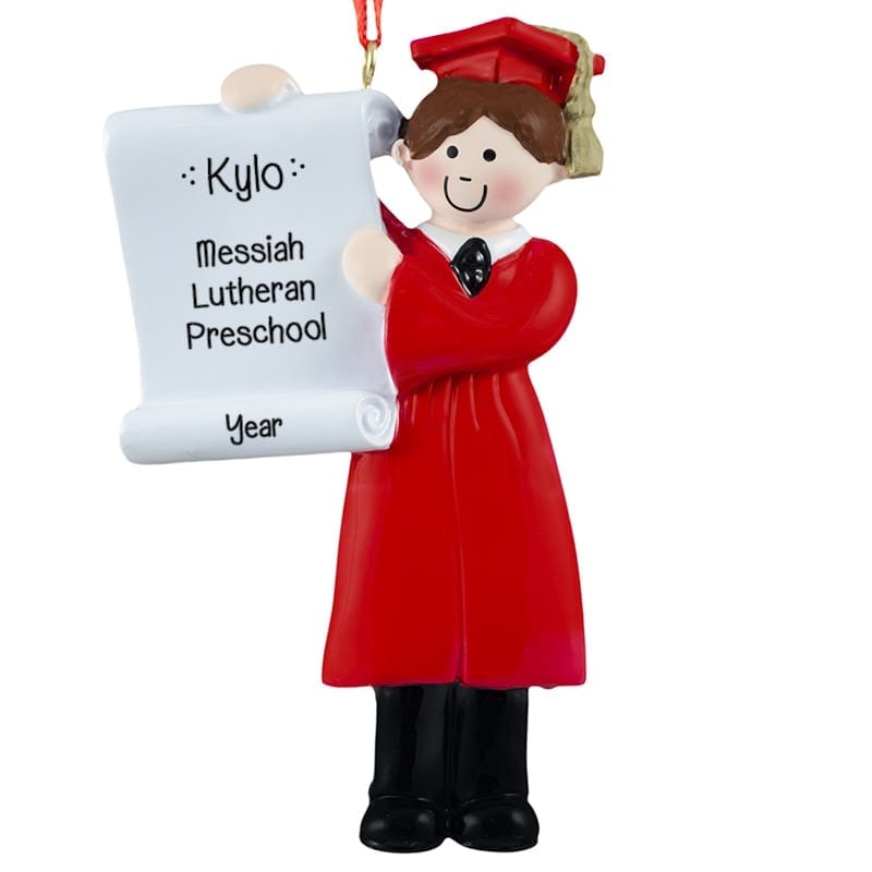 Boy Preschool Graduation RED Robe Ornament BROWN Hair | Personalized ...