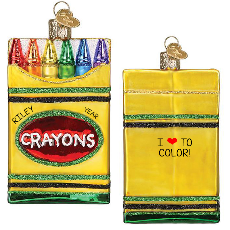 Personalized Love To Color Box Of Crayons 3-D Glittered Glass Ornament ...