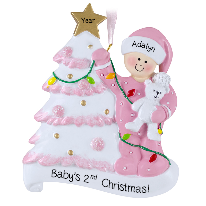 Baby GIRL'S 2nd Christmas Glittered Tree And Bear Ornament PINK - Personalized Ornaments For You