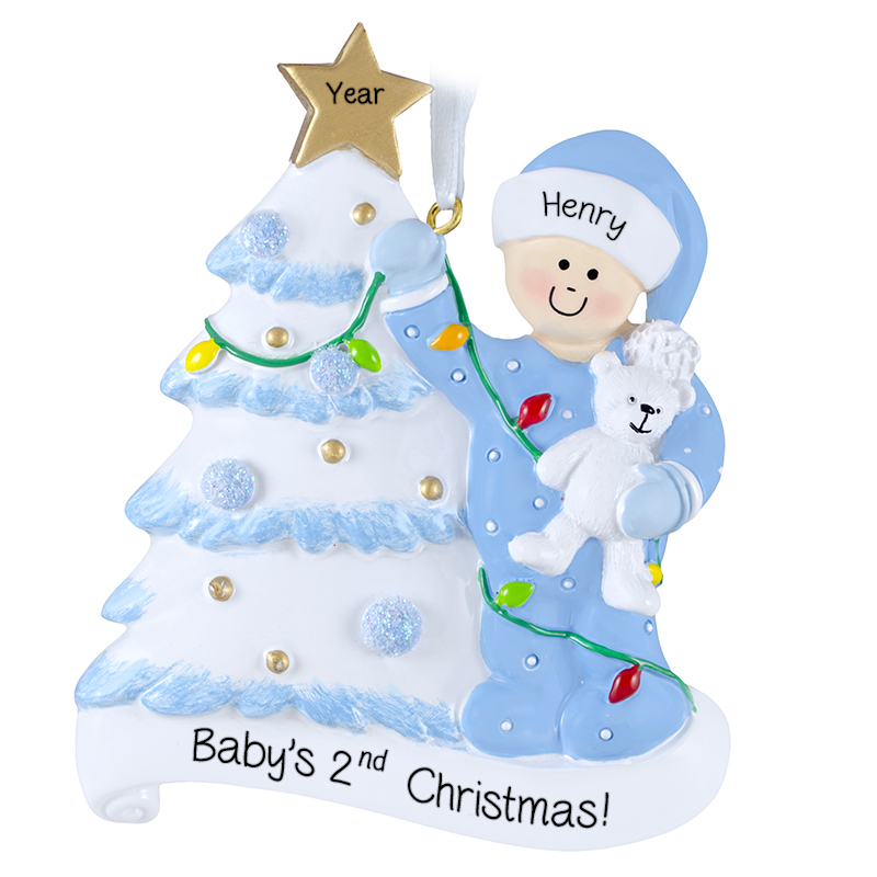 Baby BOY'S 2nd Christmas Glittered Tree And Bear Ornament BLUE - Personalized Ornaments For You