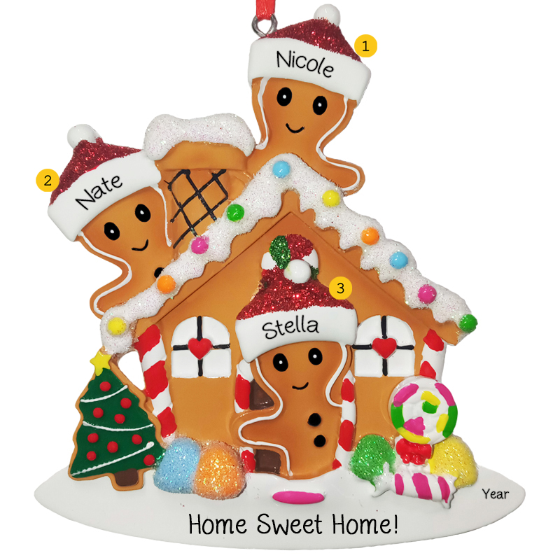 Personalized Cute Gingerbread Family Of 3 Glittered House Ornament ...