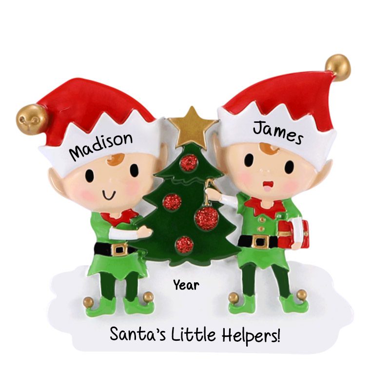 Personalized Two Cute Children Elves Decorating Trees Glittered ...