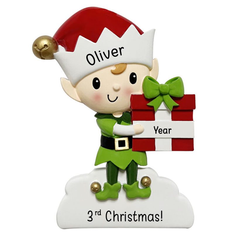 BOY's 3rd Christmas Elf Holding GIFT Personalized Ornament ...