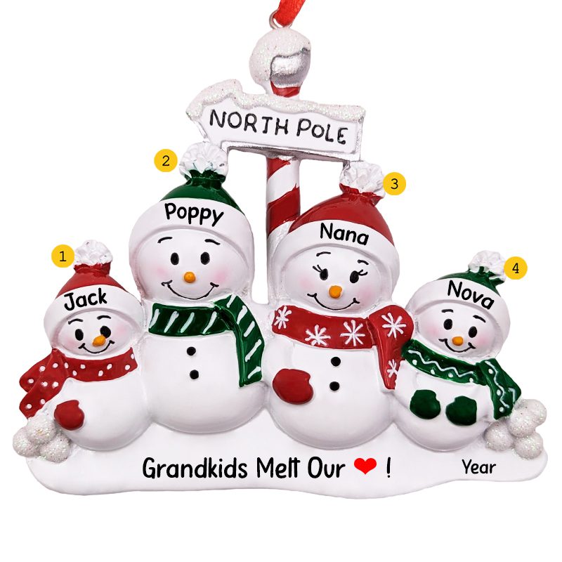 Grandparents And 2 Grandkids Snowmen North Pole Personalized Ornament ...