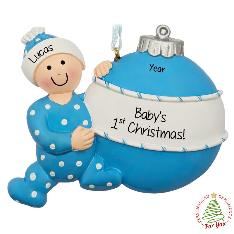 Personalized SMILING Baby BOY Celebrating 1st Christmas Ornament BLUE ...