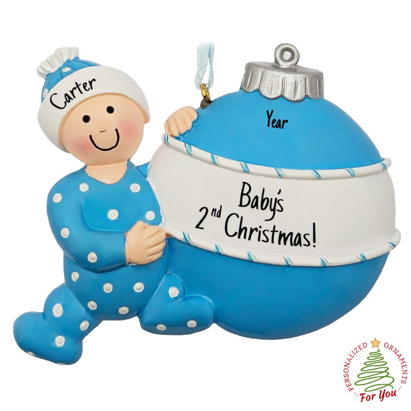 SMILING Baby BOY Celebrating 2nd Christmas Ornament BLUE - Personalized Ornaments For You