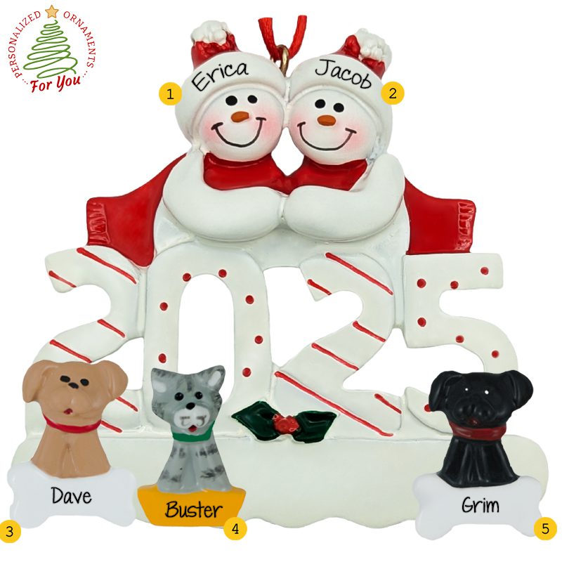 Happy Christmas Snowman Couple With 3 Pets 2025 Ornament - Personalized ...